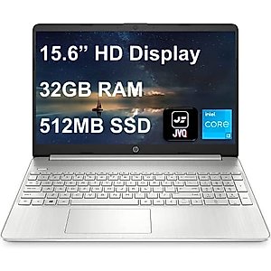 HP Newest Laptop, 15.6" HD Screen, Intel Core i3-1115G4 (up to 4.1 GHz) Processor, 32GB RAM, 512GB SSD, USB-C, HDMI, Windows 11 Home, Silver, JVQ MP