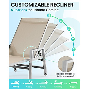 Patio Chaise Lounge Chair Outdoor with Wheels&Armrests, Aluminum Pool Lounge Chairs Set of 2 Five-Position Adjustable Recliner, Outdoor Beach Lounge Chairs for Poolside, Patio, Deck, Yard, Khaki