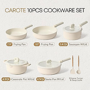 CAROTE Pots and Pans Set Nonstick Cookware Sets 10 Pcs Induction Cooking Set Dishwasher Safe Cookware w/Frying Pans & Saucepans PFOS PFOA Free(Cream Granite)