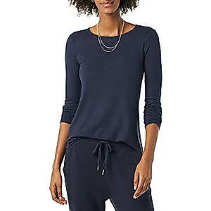 Daily Ritual Women's Cozy Knit Standard-Fit Long-Sleeve Shirttail Hem Crewneck Shirt, Navy, Medium