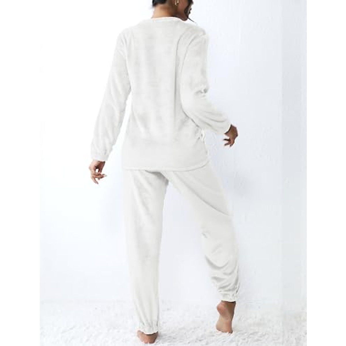 Ekouaer Women Fleece Pajama Sets Long Sleeve Tops and Pants PJ Sets Joggers Plush Loungewear Sleepwear White Large
