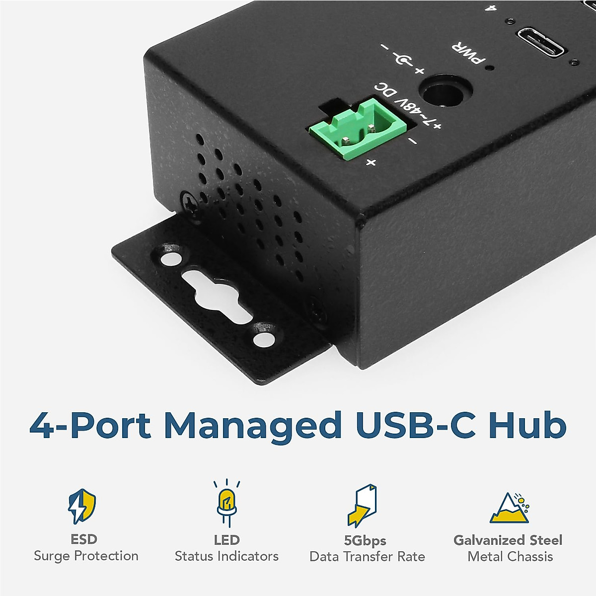 4-Port USB-C 3.2 Hub w/ 15KV ESD Surge Protection DIN Rail Mount