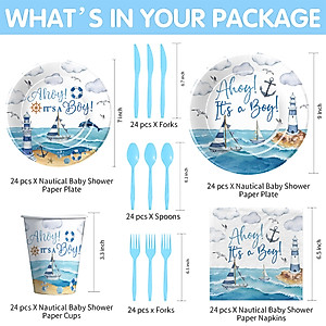 Suhelkit Ahoy Its A Boy Baby Shower Decorations Tableware - Nautical Baby Boy Decorations, Plate, Cup, Napkin, Disposable Cutlery, Anchor Nautical Party Supplies For Sailor Boat Baby Shower | 24 Guest