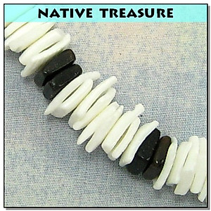 Native Treasure 16" Mens and Womens Summer Beach Surfer Necklace From the Philippines, White Rose Clam Chips Ark Shells with Real Black Clam Chips Accents