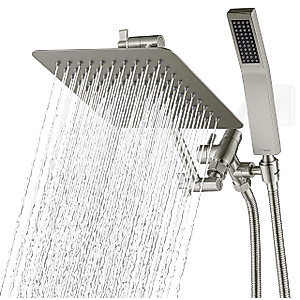 G-Promise All Metal 8" Dual Square Shower Head Combo | Rain Shower Head | Handheld Shower Wand | Adjustable | Smooth 3-Way Diverter | 71" Extra Long Hose - A Bathroom Upgrade (Brushed Nickel)