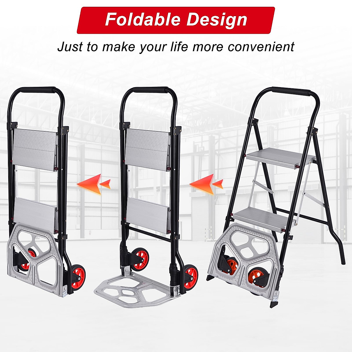 ExGizmo Aluminum Hand Truck,2 in 1 Folding Step Ladder,Portable Aluminum Ladder 551 LBS Load Capacity,Multifunction Collapsible Dolly Cart 220 LBS Load Capacity