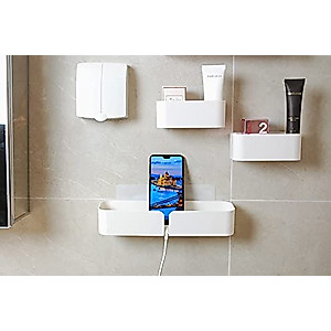 LADYBEE7LES Wall Floating Shelves White 4pcs Set, Self Adhesive Wall Shelf/Bathroom Makeup Wall Organizer/Wall décor/No Drill Plastic Storage Bins, Multi-Sizes, Stickers Included