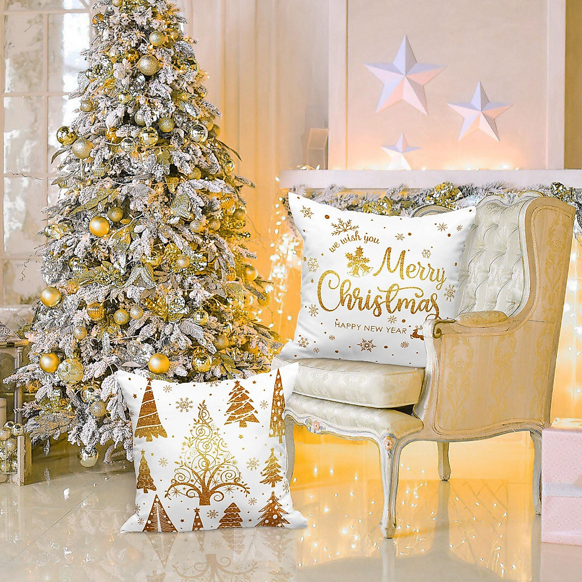 Lanpn White and Gold Bronzing Christmas Throw Pillow Covers 20x20 Set of 4, 20 inch Decorative Xmas Cushion Covers Pillow Cases 20 x 20 for Home Bedroom Room Holiday Couch Decor Decorations