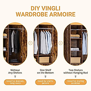VINGLI Armoire, Wardrobe Closet with Hanging Rod, Bedroom 71" Freestanding Wardrobe Cabinet with Doors, Adjustable Shelves and Drawer, Open Compartment, Rustic Brown
