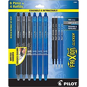 PILOT 6 Pack (3 Black & 3 Blue Ink Pens Included) + 4 Bonus Refills - Frixion Clicker Erasable Retractable Gel Pen - Fine Point 0.7 mm Used for Rocketbook & Notebook
