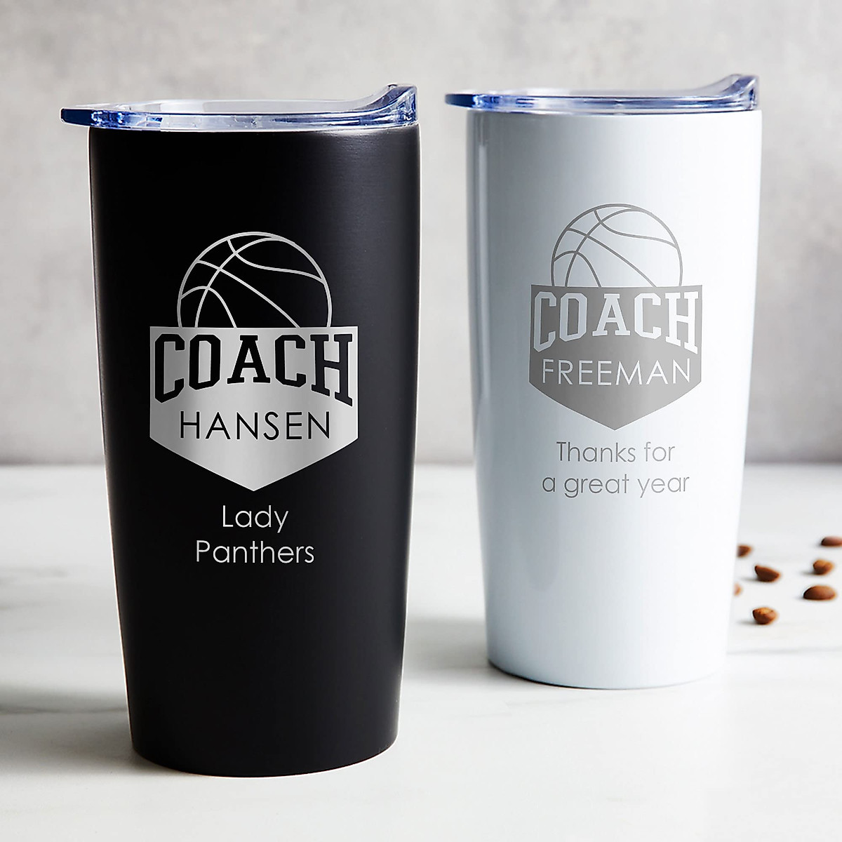 Lifetime Creations Personalized Basketball Coach Tumbler: Custom Basketball Coach Gift, Coaches Coffee Travel Mug from Team, Insulated Engraved Stainless Steel 20 Ounce Cup (White)