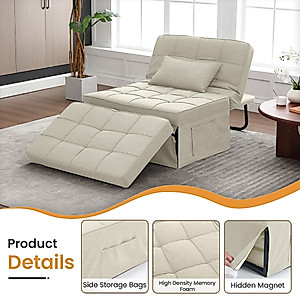 Fiona's magic Sofa Bed, 4 in 1 Multi-Function Convertible Ottoman, Modern Breathable Linen Folding Couch Bed with Adjustable Backrest and Storage Bag for Living Room Apartment Office, Beige