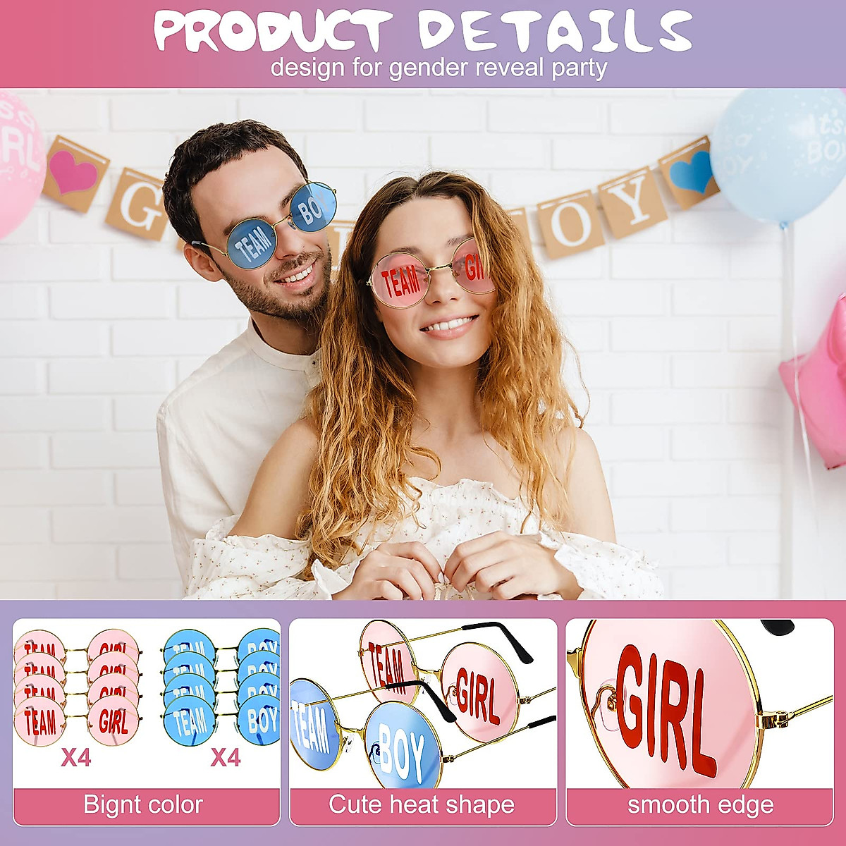 Konohan 8 Pairs Gender Reveal Glasses Blue and Pink Sunglasses Frameless Team Girl and Team Boy Decor for Gender Reveal Party (Round)