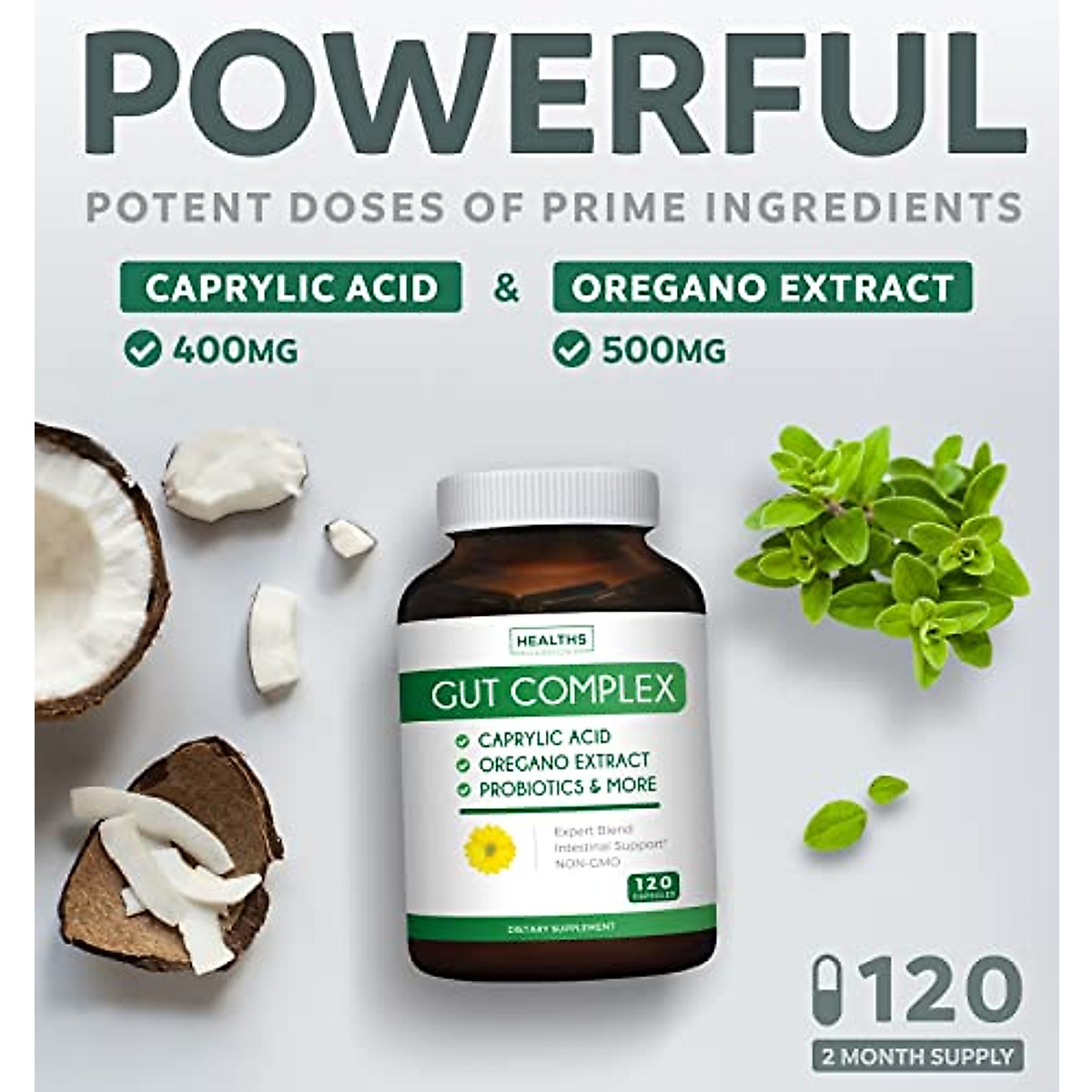 Candida Support (120 Capsules) - Caprylic Acid, Oregano Oil & Probiotics Help Maintain Already Normal Levels of Yeast and Candida - Vegetarian, Non-GMO Intestinal Supplement - Gut Cleanse (No Pills)