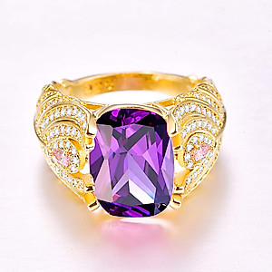 Narica Women's Yellow Gold Plated Cushion Cut Created Amethyst Rings Band CZ Filled for Mom 9#