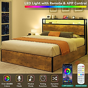 YITAHOME Lift Storage Bed Frame, Queen Size Bed Frame with 2-tier Storage Shelf Headboard, LED Light Platform Bed Frame with Charging Station, No Spring Box Needed, Rustic Brown