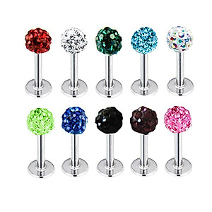 Honbay 10color Mixed Labret Ring,honbayTM 10pcs Mixed 16g Czech Crystal Lip Labret Ring Studs Monroe Stainless Steel Piercing