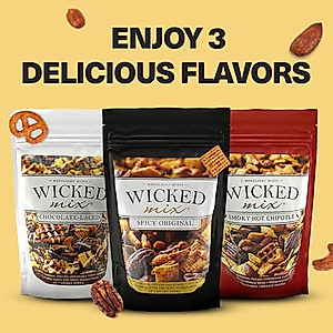 Wicked Mix Snack Mix with Mixed Nuts - Sweet and Salty Snacks Trail Mix Snack Packs with Almonds, Cashews, Pretzels, Pecans - Healthy Snacks Zero Trans Fat in Resealable Bag (Smoky Hot Chipotle, Case of 12)