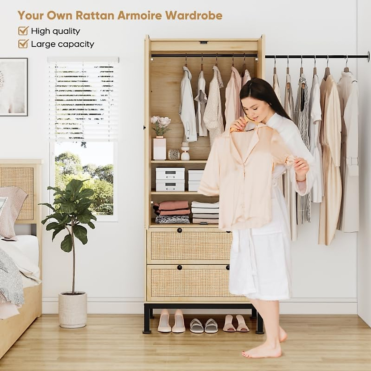 Brafab 74" Natural Rattan Woven Wardrobe Armoire Closet with Hanging Rod, Natural Wooden Armoires Storage Cabinet with Large Drawers and Adjustable Shelves, Tall Freestanding Wooden Closet for Bedroom