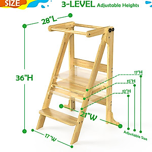 Toddler Tower Foldable - Kids Kitchen Step Stool with 3 Adjustable Heights & Safety Rail, Montessori Tower with Chalkboard for Learning, Standing Tower Helper Stool for Kitchen Counter Sink (Natural)