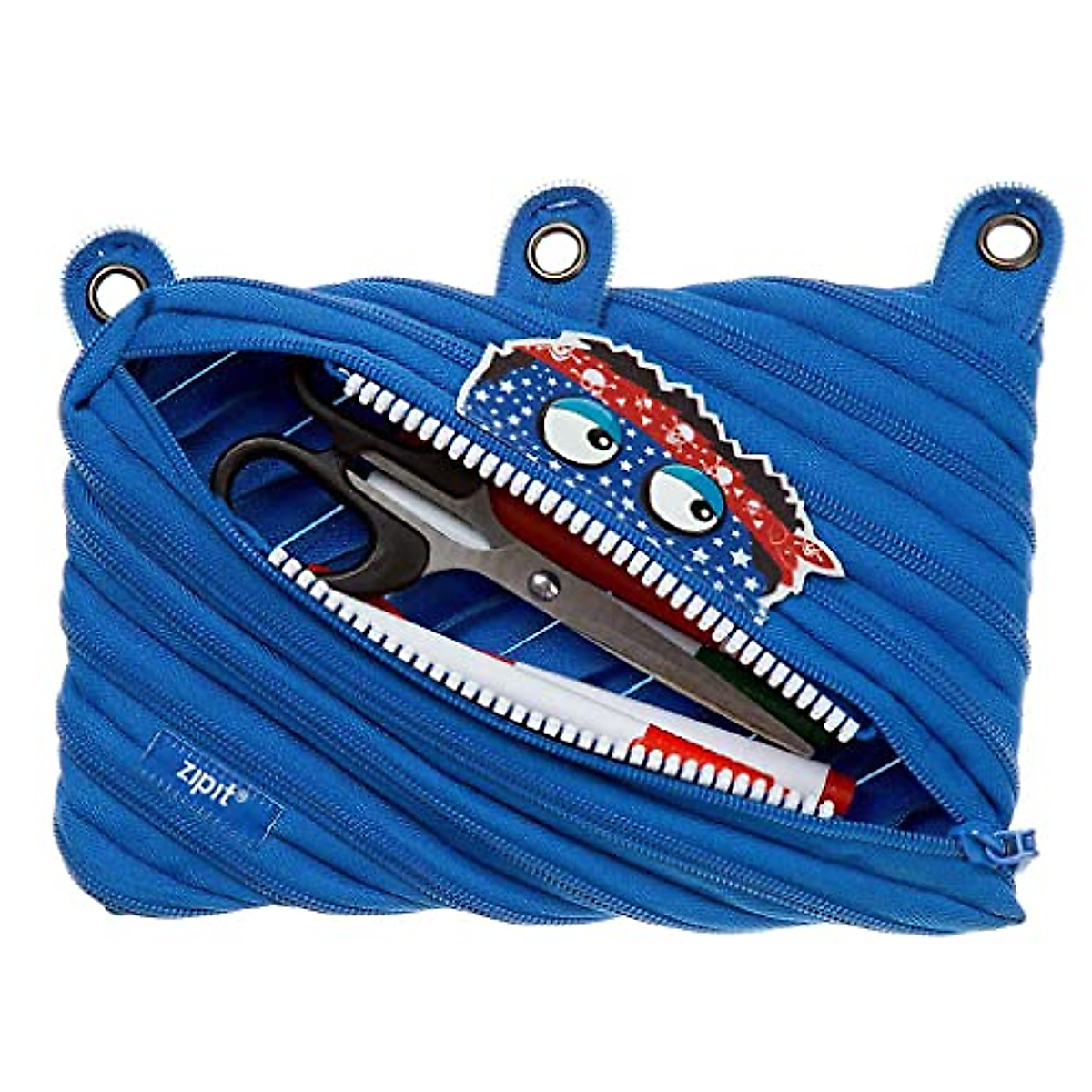 ZIPIT Talking Monstar 3-Ring Binder Pencil Pouch, Large Capacity Pen Case for Kids, Made of One Long Zipper! (Blue)