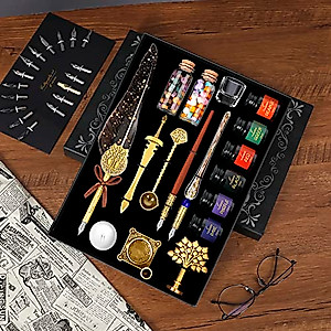 Quill Pen and Ink Set,Feather Dip pen with 6 bottles of ink,Antique Calligraphy Pen,Feather Writing Pen,Wooden Dip Pen,Glass Dip Pen,Wax Seal Stamp Kits Birthday&Christmas Gift for Men&Women(Gray)
