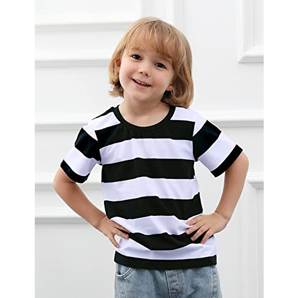 COSLAND Boys Short Sleeve Striped T-Shirt Crew Neck Tee Small, Black and White