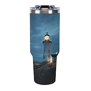 LLUTSNTH 40 Oz Vacuum Tumbler with Black Handle Leakproof Insulated Tumbler Lighthouse at Night Stainless Steel Travel Mug with Lid And Straw Coffee Cup Cute Water Bottles Cup Holder Friendly