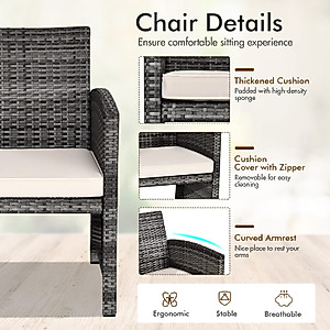 Toolsempire Outdoor Conversation Set, 4 Pieces Wicker Patio Furniture Set with Ergonomic Curved Design, Patio Chair Set with Water-Resistant Cushion & Tempered Glass Table for Backyard, Porch(Beige)