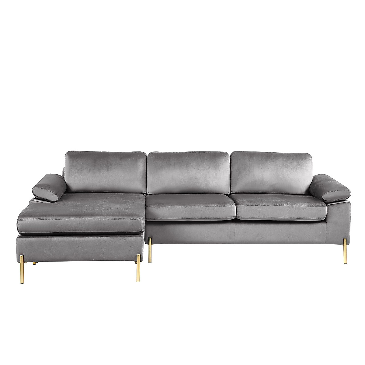 GINGVAT Velvet Upholstered Sectional Sofa, L-Shaped Chaise with Removable Back and Seat Cushions, Modern Style, Gray