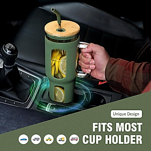 WINSA Glass Tumbler with Lid and Straw, 46 oz Iced Coffee Cup with Handle, Glass Water Bottles with Silicone Sleeve, Glass Cup with Straws - Pearl Straw & Drinking Straw BPA Free-Olive