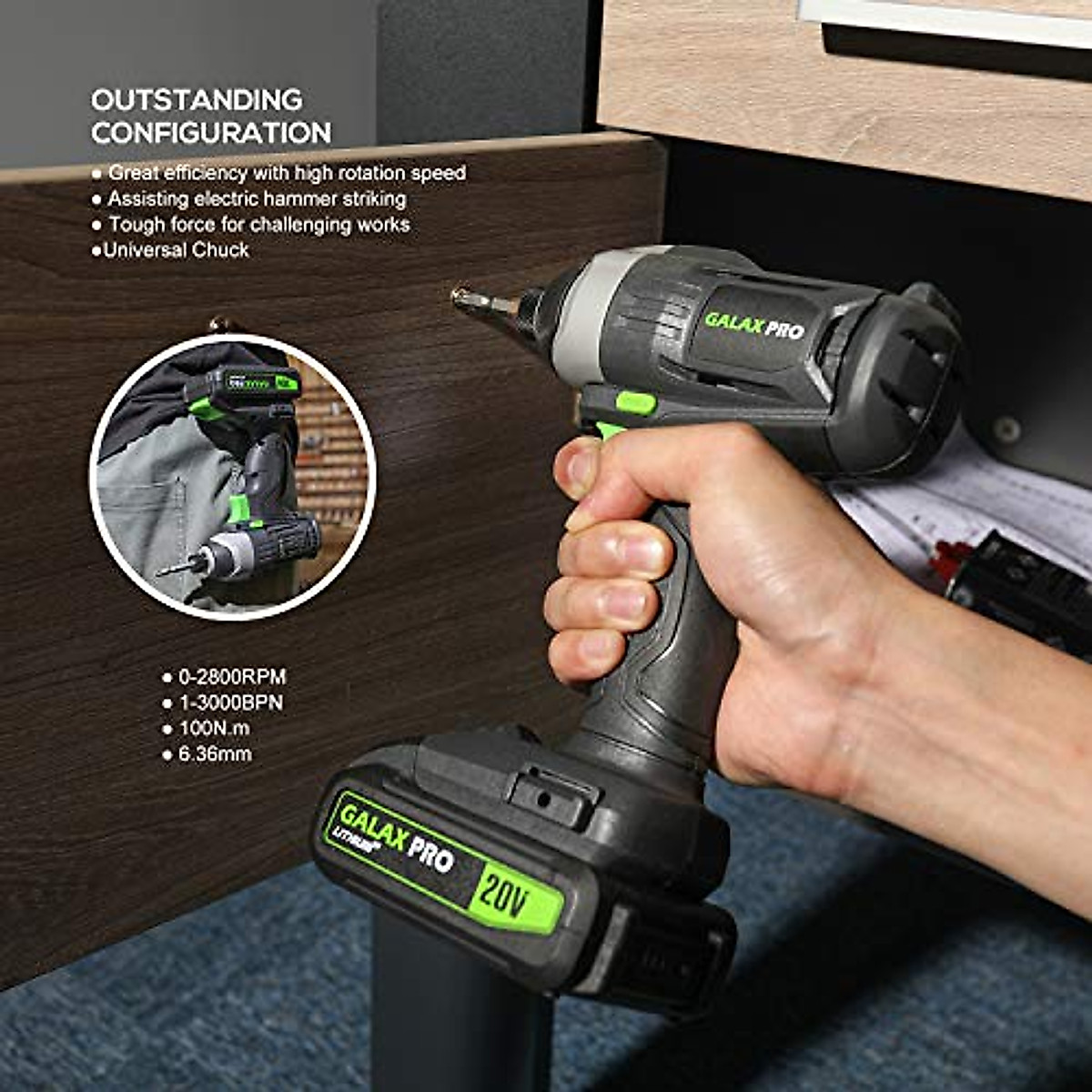 GALAX PRO Cordless Drill Driver/Impact Driver with 1pcs 1.3Ah Lithium-Ion Batteries, Charger Kit, 11pcs Accessories and Tool Bag