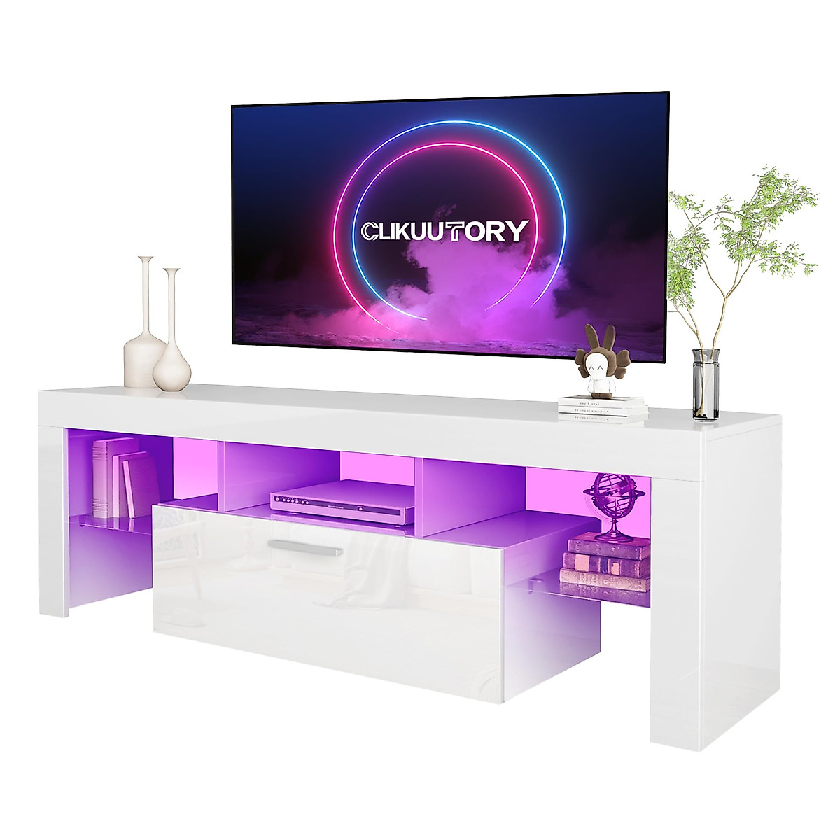 Clikuutory White LED TV Stand with Large Storage Drawer for 32 40 50 55 Inch TVs, Modern High Gloss TV Console Table with Entertainment Center for Living Room, Bedroom, White