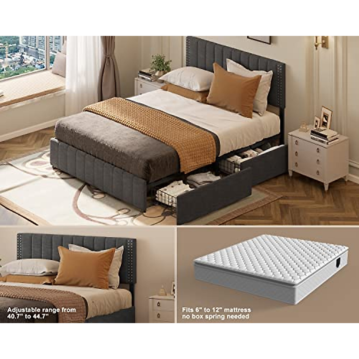Gizoon Full Bed Frame with 4 Storage Drawers, Upholstered Platform Bed with Drawers and Headboard Adjustable Fits 6” to 12” Mattress, No Box Spring Needed (Dark Grey)