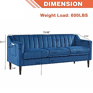 3 Seater Velvet Chesterfield Sofa, 77" Mid-Century Tufted Comfortable Upholstered Sofa Couch with Storage Side Pocket for Living Room Bedroom Office Apartment (Blue)