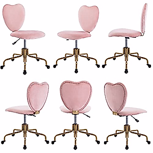 HNY Hi&Yeah Velvet Cute Desk Chair with Wheels, Comfortable Armless Home Office Chairs Heart Backrest, Adjustable Height Upholstered Swivel Accent Vanity Chair, Pink