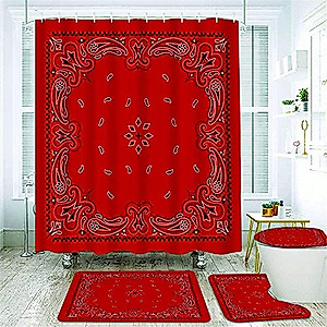 4Pcs Bandana in Red Paisley Pattern Shower Curtain Sets with Non Slip Rugs,Toilet Lid Cover and Bath Mat,Durable Waterproof Bath Curtain 71x71 12 Hooks_ZMYIXCJ
