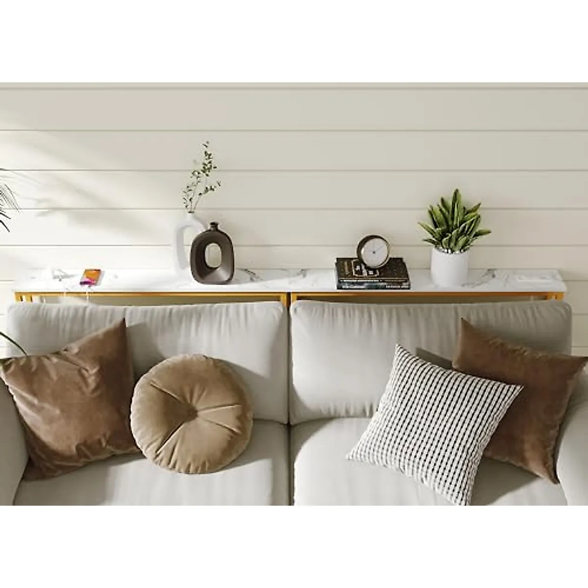 ELYKEN 5.9" Narrow Console Sofa Table with Power Outlets and USB Port, 5.9" Dx39.4 Wx31.1 H Marble Texture Skinny Couch Table with Bright Yellow Metal Frame