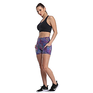 Amazon Essentials Workout Volleyball Yoga Print Short Pockets High Waist Exercise Running Gym Shorts for Women 3" Purple Circle Flower-M