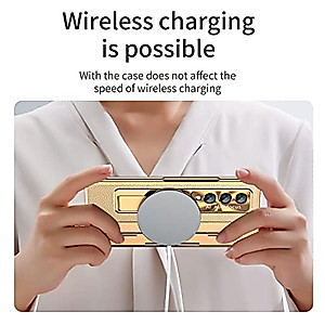 Hinge Protection Case for Samsung Galaxy Z Fold 3 5G with Pen Holder,Luxury Plating Built-in Screen Protector Dustproof Shockproof Case Cover Compatible with Samsung Galaxy Z Fold 3 5G(Gold+Gold)