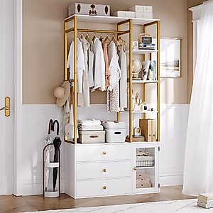 BOTLOG 81.3” H Heavy Duty Clothes Rack with Cabinet, Drawer, and Shelf, Garment Rack Clothes Rack with Metal Frame and Wooden Shelves for Bedroom, Dressing Room, Walk-in Closet