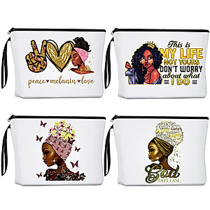 Roowest 4 Pcs African American Makeup Bag Black Women Cosmetics Bag Inspirational Gifts Travel Zippered Toiletry Bag Canvas Makeup Pouch Reusable Multi Purpose Organizer for Women Lady