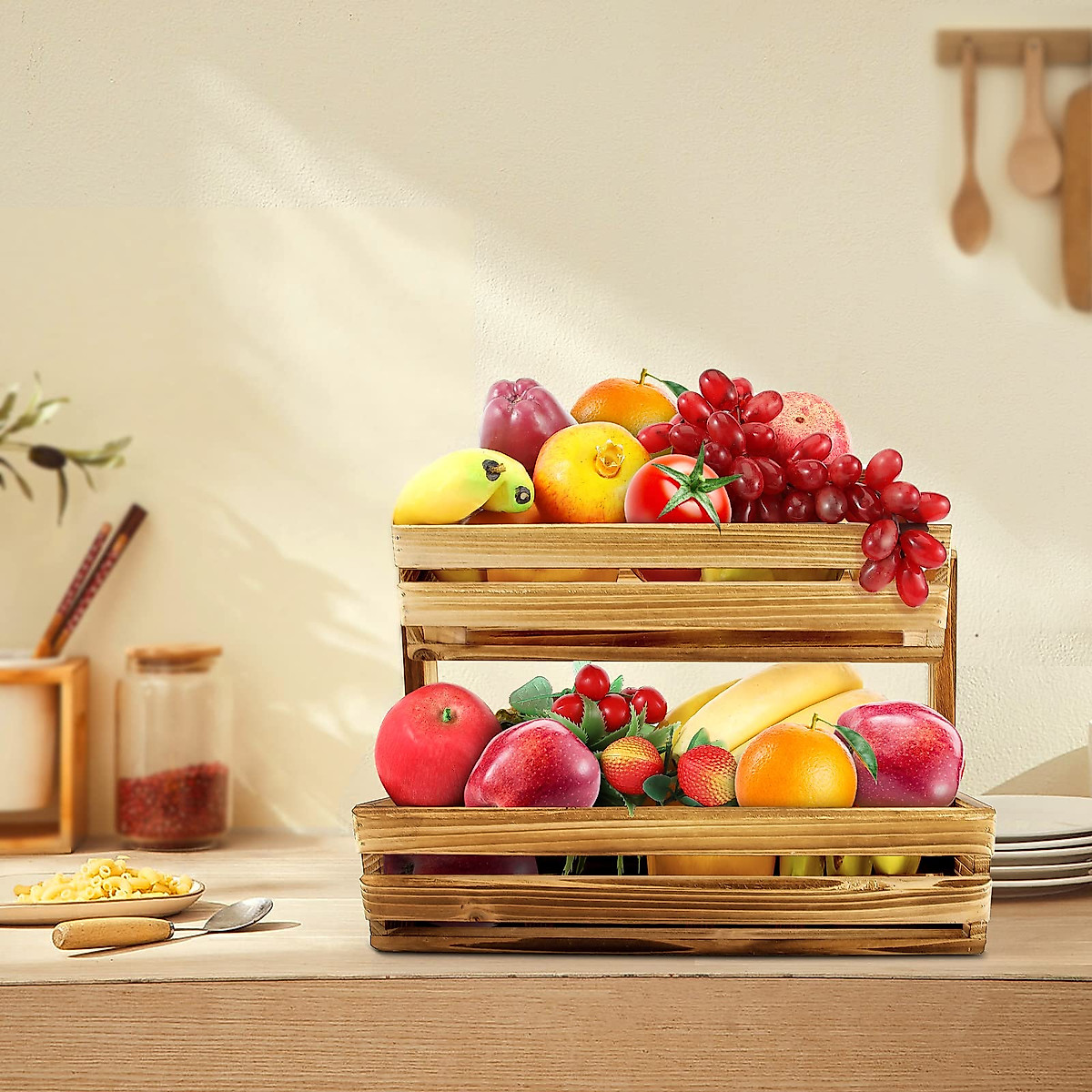 CALM COZY 2-Tier Wooden Fruit Basket, Farmhouse Fruit Basket Counter Top Organizing for Kitchen, Vegetable Stand Bread Racks Produce Basket, Classic Wood Color