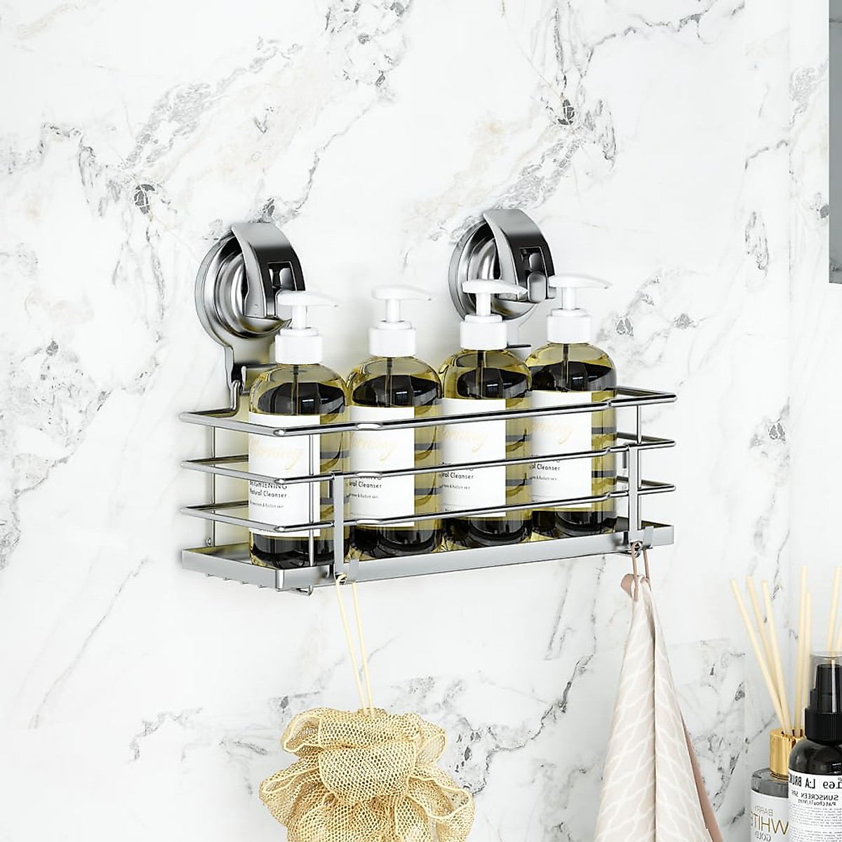 TESOT Suction Cup Shower Caddy, Shower Shelf Soap Dish with Hooks for Razor, Sponge, Rust Proof 304 Stainless Steel, Silver