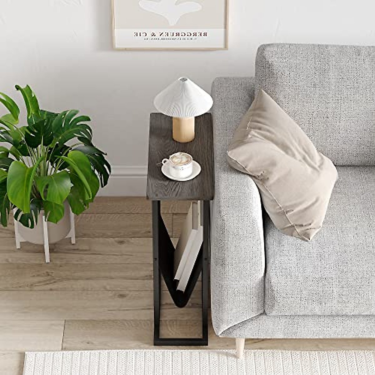 Yusong Small Narrow Side Table for Small Spaces, Slim End Table Magazine Table Nightstand with Storage Holder, Accent Skinny Snack Couch Bedside Table, Grey