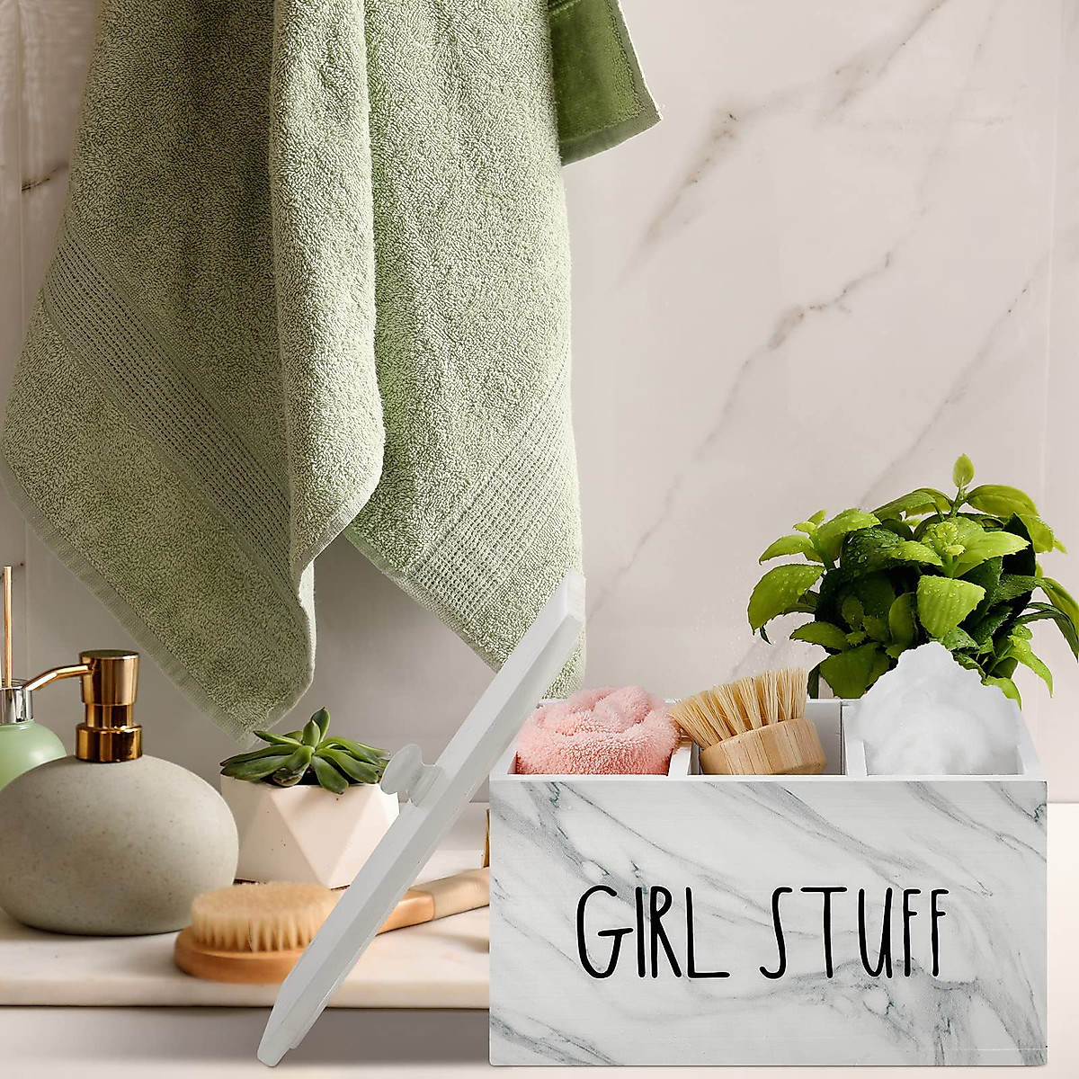 Otuuz Tampon Holder for Bathroom with Lid Tampon Storage Pad Container for Bathroom Feminine Product Organizer Wood Farmhouse Bathroom Organizer Countertop Storage Box Movable Partition(Marble Style)