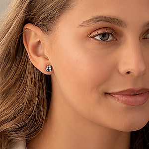 Peora London Blue Topaz Stud Earrings 925 Sterling Silver, Solitaire Scroll Gallery, Natural Gemstone Birthstone, 2 Carats Total, Round Shape 6mm, Friction Backs