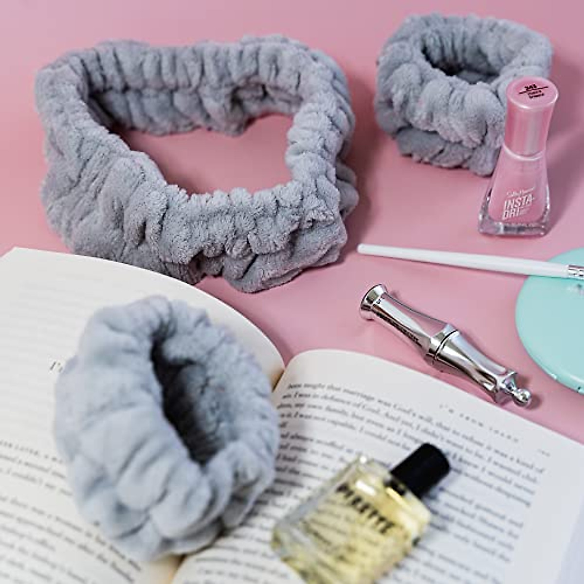 FROG SAC Spa Headband for Washing Face and Matching Wristbands, Teen Girls Fuzzy Skincare Headbands, Kids Soft Facial Makeup Head Band, Shower Skin Care Girl Hair Sleepover Party Supplies (Gray)