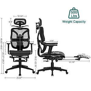 VECELO Swivel Ergonomic High Back Mesh Office Chair with Retractable Footrest, Adjustable Backrest, Tilt Function, 3D Armrests & Headrest, Lumbar Support for Executive/Computer Desk/Task Work, Black