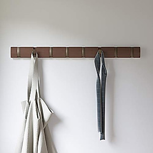 Umbra Flip Wall-Mounted Coat Rack Rail Hook for Hats, Jackets, Bags and More – Modern, Space-Saving Storage Organizer for Entryway, Mudroom, Closet, Bathroom, Bedroom, Kids Room, or Nursery, 8 Hooks, Light Walnut/Gold